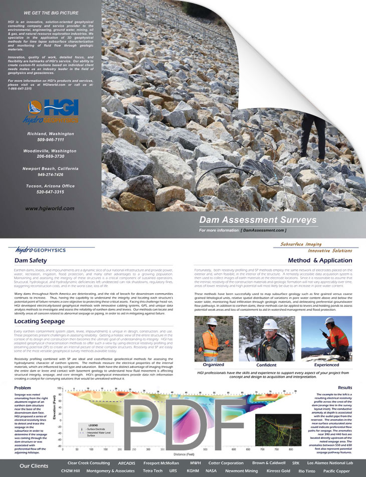 A brochure titled "Dam Assessment Surveys" with images of rocky dams ...